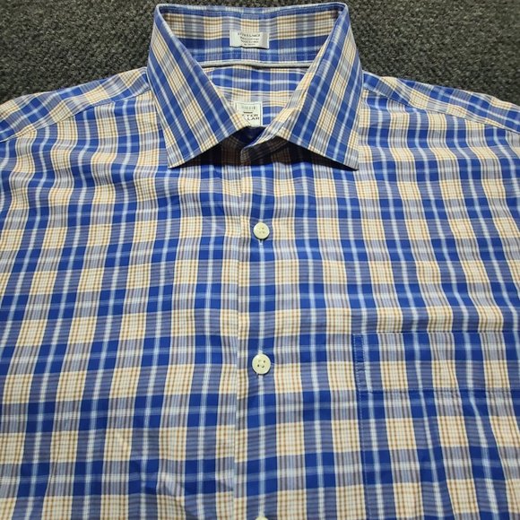 Peter Millar | Shirts | Peter Millar Blue Gold Double Stripe Plaid Button Down Shirt Long Sleeve ...